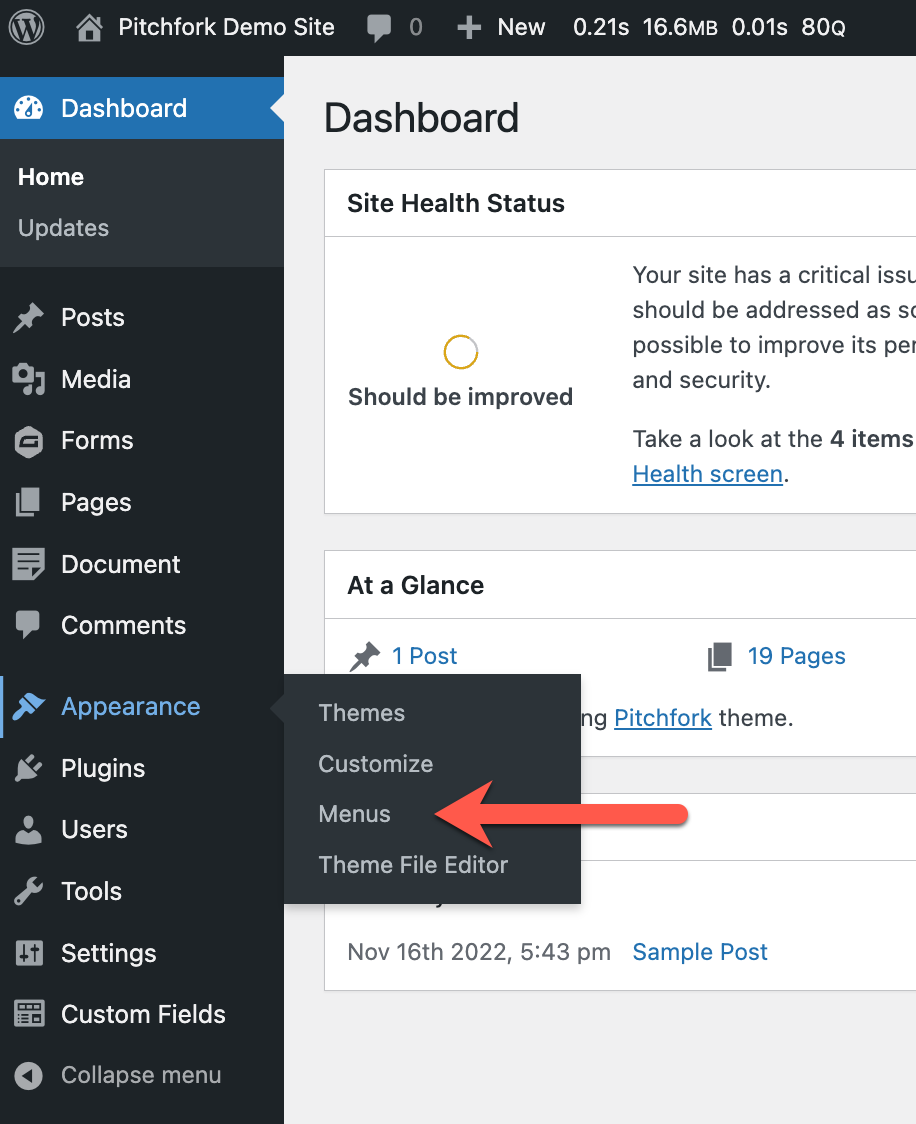 Creating a navigation menu - Pitchfork Theme for WordPress